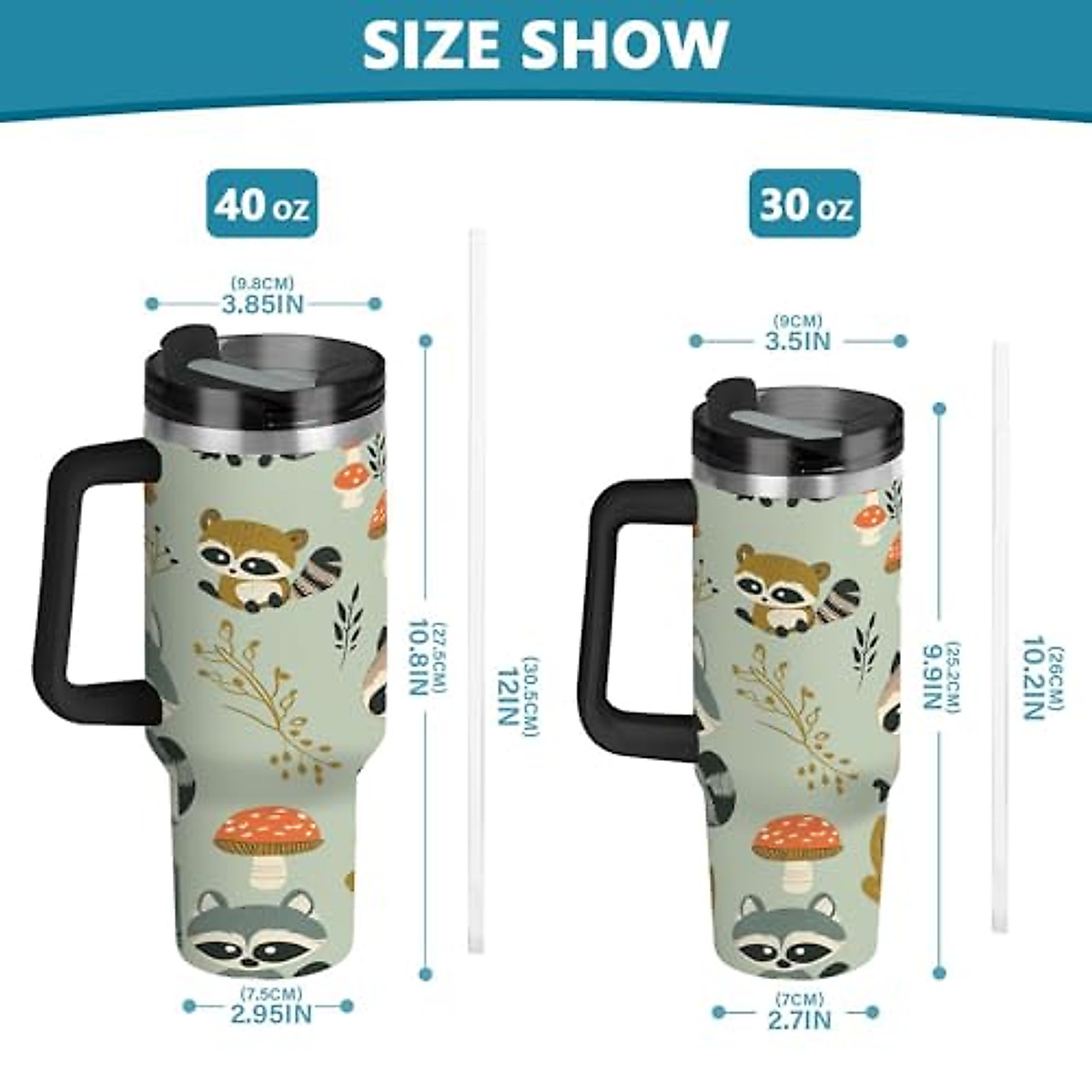 FRCSDIY Cartoon Raccoon Insulated Tumbler with Handle and Straw Lid,40oz Leakproof Stainless Steel Cup BPA-Free Water Bottle