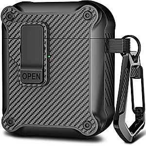 R-fun Airpods Case Cover with Automatic Secure Lock Clip, Protective Rugged Hard Shell for Apple Airpods 2nd & 1st Generation Charging Case with Carbon Fiber Keychain-Black