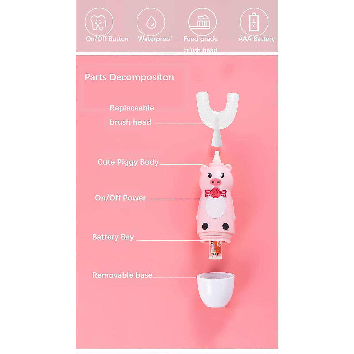 RAXIFU Automatic Electric Toothbrush for 2-6 Years Kids, Ultrasonic Toothbrush for 4-9 Years Children, U Type Whitening Kids Electronic Toothbrush(Pink White 2 Pack)