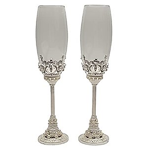 Lassos Boutique Silver Ivory Pearl Crystal Champagne Toasting Flutes, Set of 2