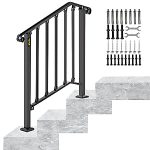 Happybuy Handrails for Outdoor Steps, Fit 2 or 3 Steps Outdoor Stair Railing, Picket#2 Wrought Iron Handrail, Flexible Porch Railing, Black Transitional Handrails for Concrete Steps or Wooden Stairs