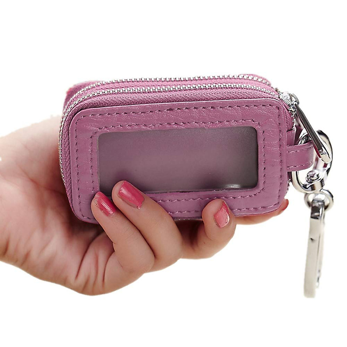 BAKUN Two-Sides Mini Genuine Leather Car Key Chain Holder Wallet Case, Key Holder Key Organizer Wallet(Light Pink)
