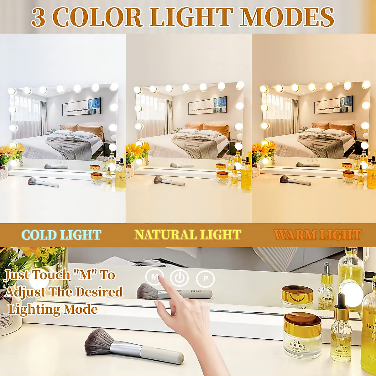 Vanity Mirror with Lights,Lighted Vanity Mirror with 15 Dimmable Bulbs for Dressing Room & Bedroom,3 Color Lighting,Modes Detachable 10x Magnification 360°Ratation (Off White-15 Bulbs)