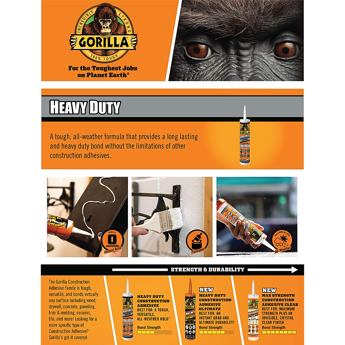 Gorilla Heavy Duty Construction Adhesive, 9 Ounce Cartridge, White, (Pack of 6)