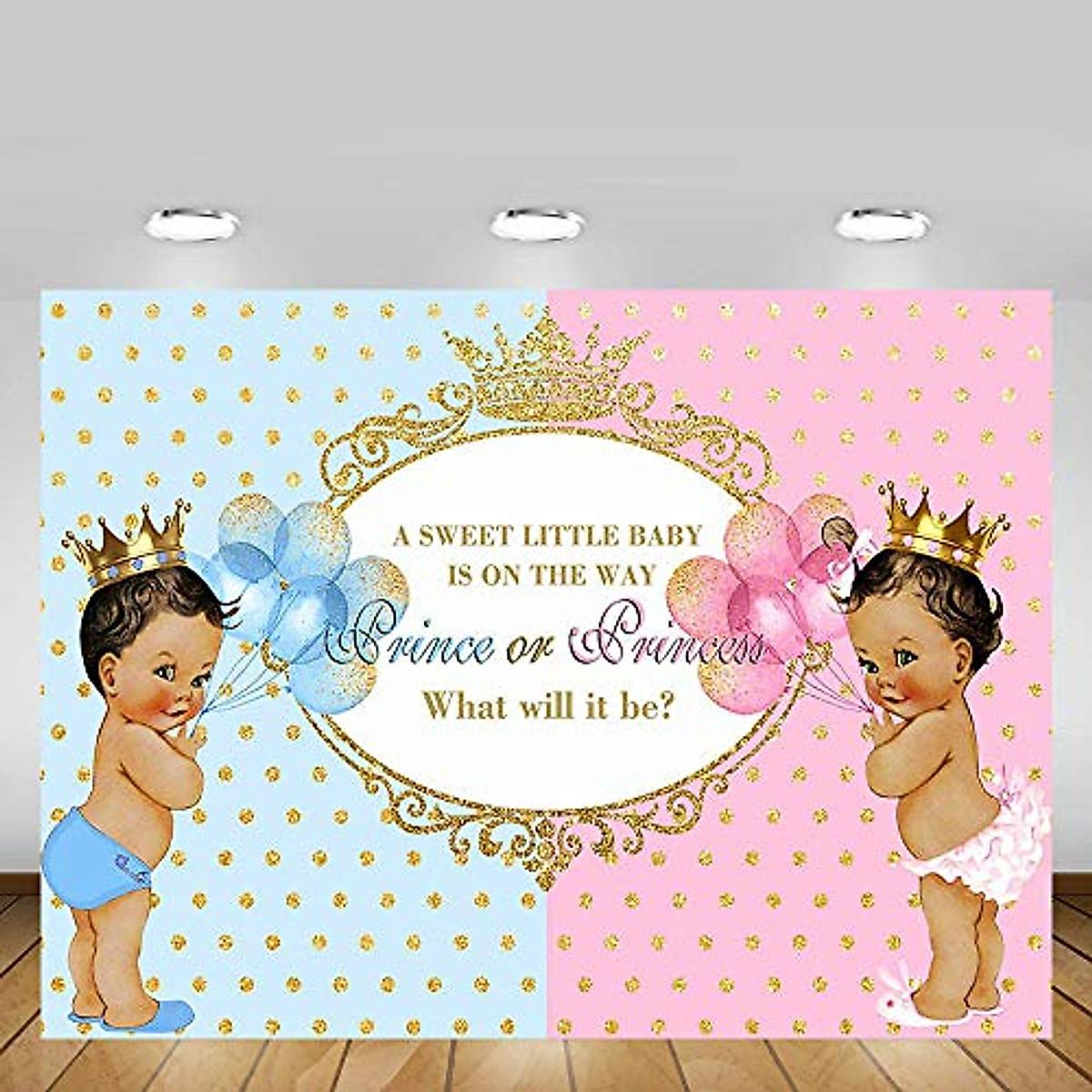 MEHOFOTO Royal Gender Reveal Party Photo Background Baby Shower Prince or Princess Pink or Blue Gold Polka Dots Balloons Decoration Photography Backdrops Banner for Dessert Table Supplies 7x5ft