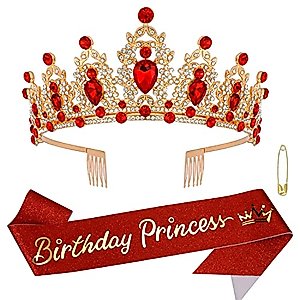 Chanaco Birthday Sash Princess Crown Birthday Girl Sash Tiaras for Women Red Rhinestones Headband Happy Birthday Decorations Birthday Party Supplies Gifts