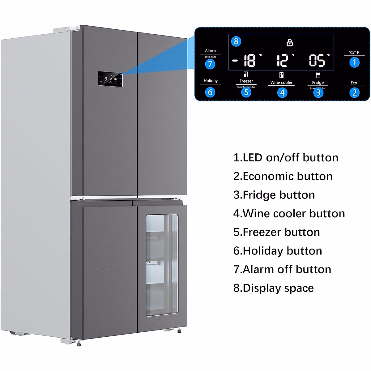 GarveeHome 36 Inch French Door Refrigerator, 21 Cu.Ft. Counter Depth Refrigerator Bottom Freezer with Wine Cabinet, Stainless Steel 4 Doors Fridges Kitchen Freezer, Adjustable Shelves