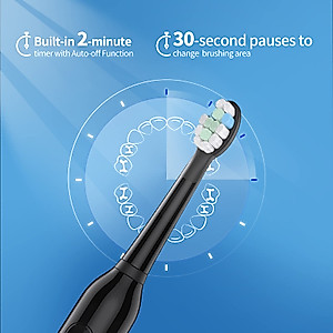 Electric Toothbrush Sonicare with 6 Brush Heads, Toothbrush for Adults and Kids, 30000 VPM, Deep Clean 5 Modes with 2 Minutes Timer, Tongue Coating Brush, One Charge for 70 Days (009 Black)