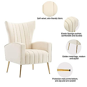 HOMEFUN Accent Chair Set of 2, Velvet Wingback Armchair Modern Upholstered Single Sofa with Metal Legs for Living Room Bedroom Nursery, Beige
