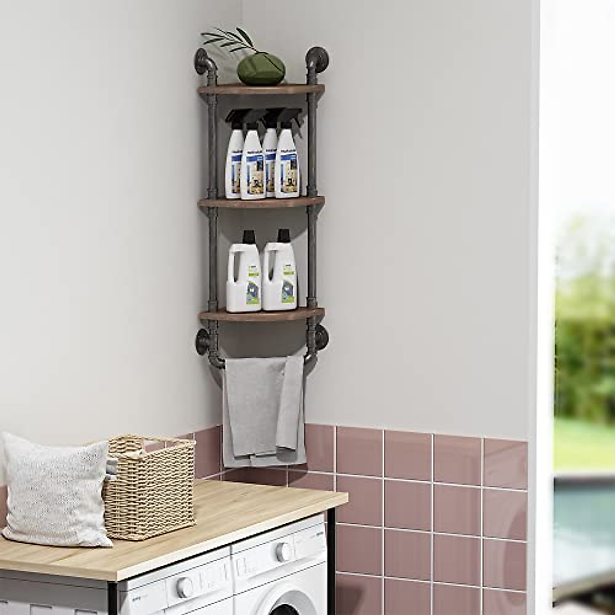 MCleanPin Industrial Pipe Corner Shelving,Rustic Corner Shelf Wall Mount, Corner Floating Shelf 3-Tiers Bathroom Pipe Shelves,Industrial Pipe Wood Shelves