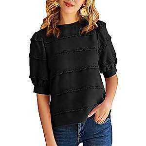 Women's Puff Sleeve Tops Lace Business Casual Work Blouse Plus Size Black XXL