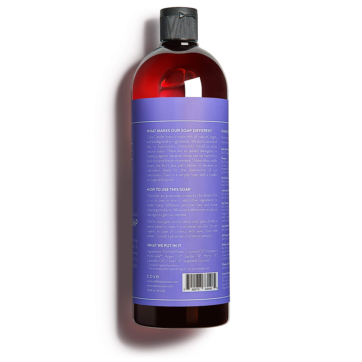 Cove Castile Soap Lavender - 1 Liter / 33.8 fl oz - Organic Argan, Jojoba, and Hemp Oils