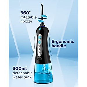 Cordless Water Flosser for Teeth Professional Water Teeth Cleaner Picks Dental Oral Irrigator with 3 Modes & 4 Jet Tips for Braces Gums, IPX7 Waterproof, 300ml Detachable Tank for Home Travel Black