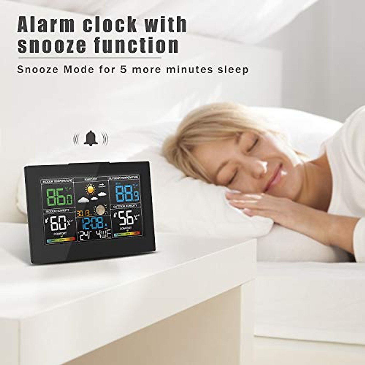 Geevon Weather Station Wireless Indoor Outdoor Thermometer, Color Large Display Weather Thermometer with Alert, Comfort Level, Barometric Pressure, Alarm Clock, Easy to Set and Tabletop Stand