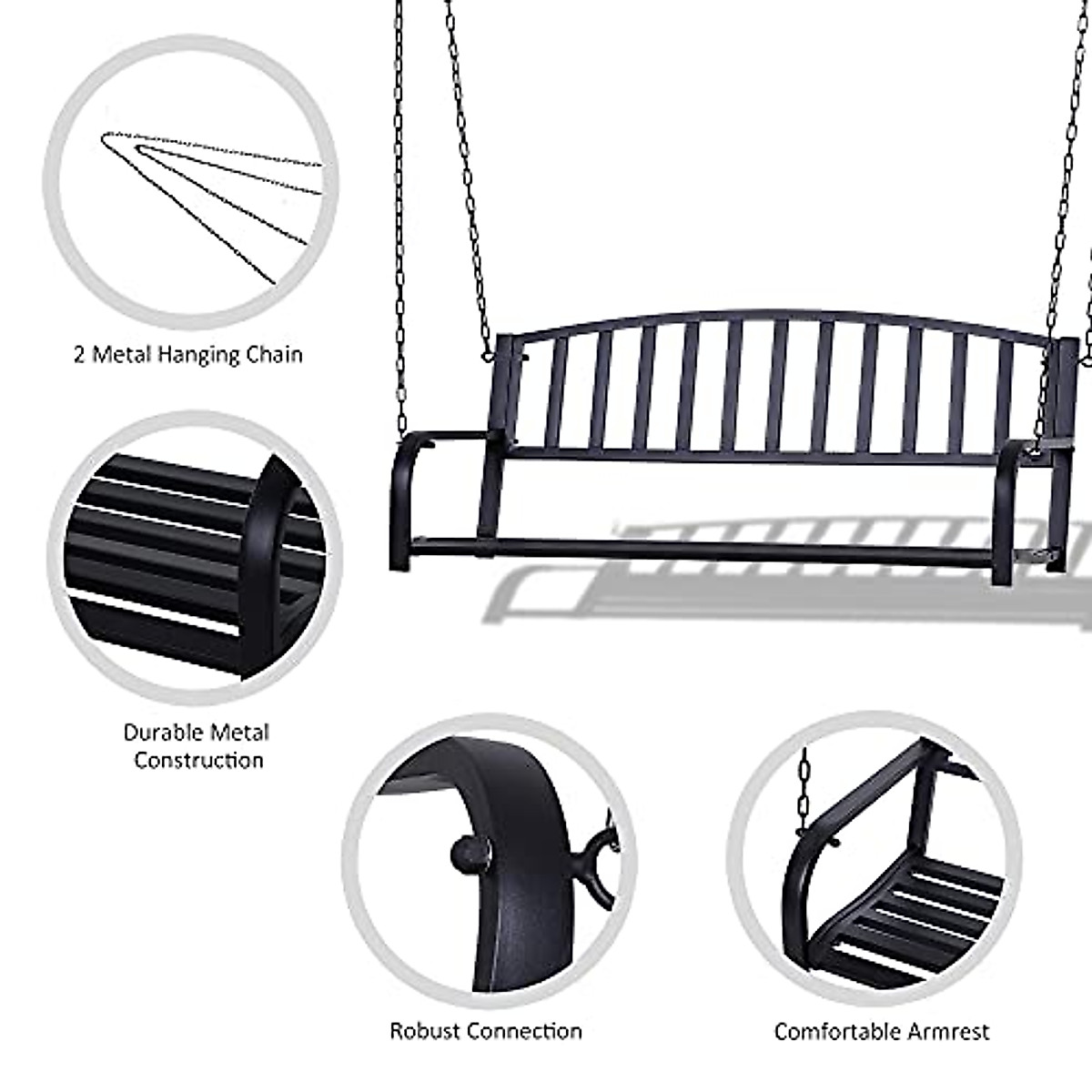 Outsunny 2 Person Front Porch Swing Patio Swing Bench, Outdoor Steel Swing Chair with Sturdy Chains, for Backyard, Deck, 528 lb Weight Capacity, Black