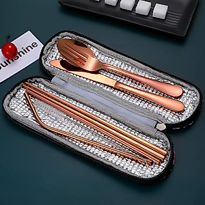 Travel Utensils,Reusable Silverware Set To Go Portable Cutlery Set with a Waterproof Carrying Case for Lunch Boxes Workplace Camping Picnic (Rosegold)