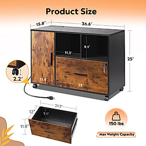DEVAISE File Cabinet with Charging Station, 1 Drawer Rolling File Cabinet, Locking Filing Cabinet for Home Office, Printer Stand with Storage, Rustic Brown