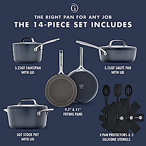 GreenPan GP5 Hard Anodized Healthy Ceramic Nonstick 14 Piece Cookware Pots and Pans Set,Heavy Gauge Scratch Resistant,Stay-Flat Surface, Induction, Mirror Finish Handle,Oven Safe,PFAS-Free, Blue