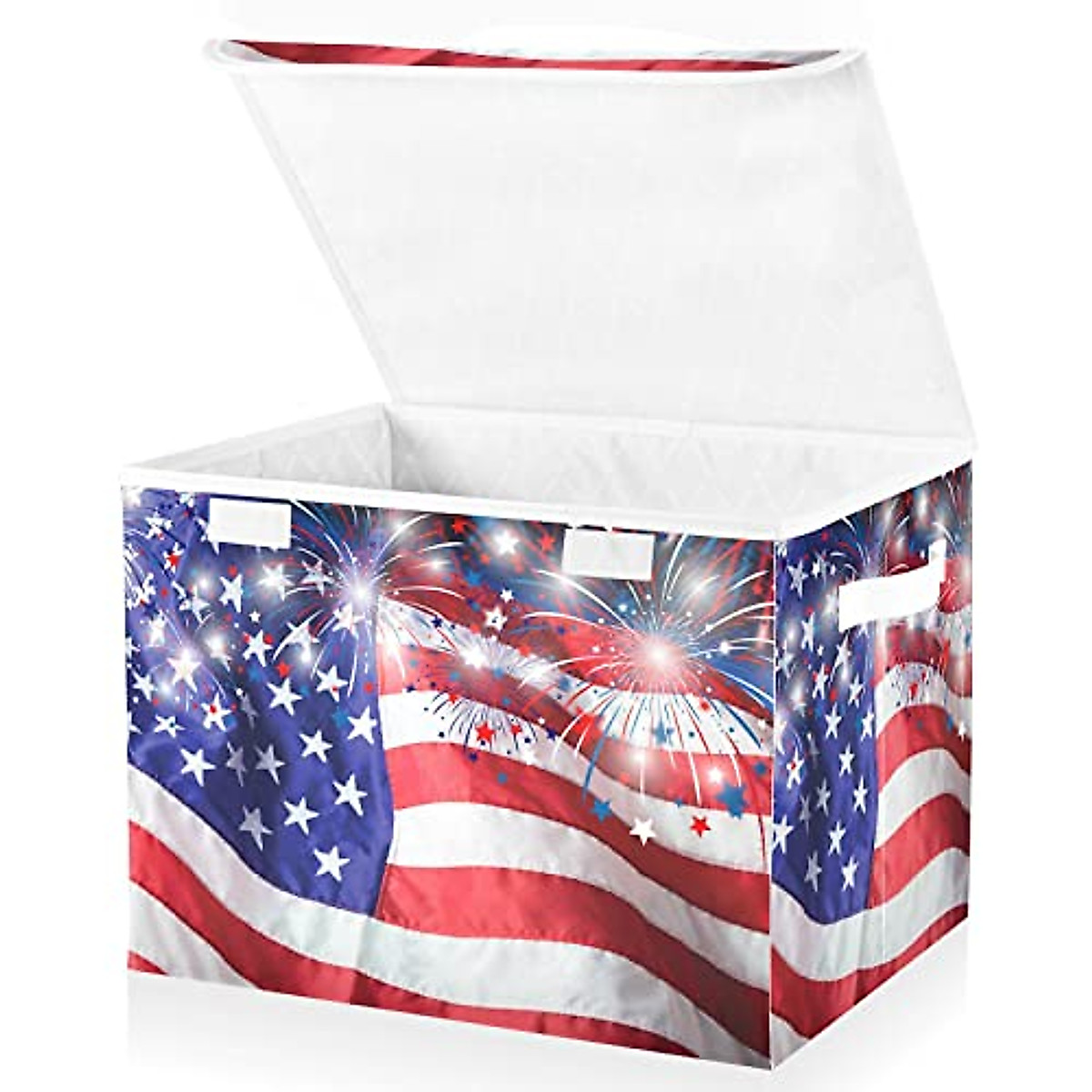 innewgogo American Flag Firework Storage Bins with Lids for Organizing Large Collapsible Storage Bins with Handles Oxford Cloth Storage Cube Box for Car