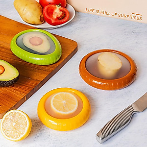 4PCs Silicone film cover+ABS Fruit and Vegetable Storage Containers Set for Fridge, Onion Storage Container, Avocado keeper,Tomato Saver,and Lemon holder reusable food savers
