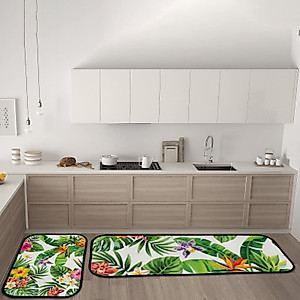 Vantaso Kitchen Floor Mat Rug Tropical Pineapples Palm Flowers Set of 2 Cushioned Non-Slip Comfort Runner Rugs