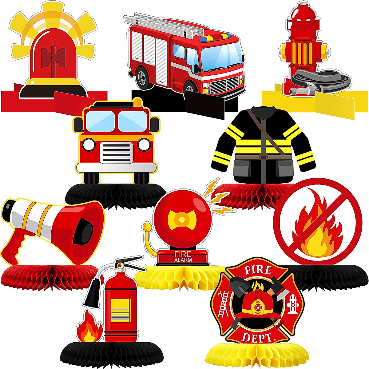 10 Pcs Firetruck Birthday Party Decorations Fire Truck Themed Table Supplies Firetruck Honeycomb Centerpieces Fire Truck Plates Firefighter Fire Hat Extinguisher Fireman Party Favors Supplies for Kids