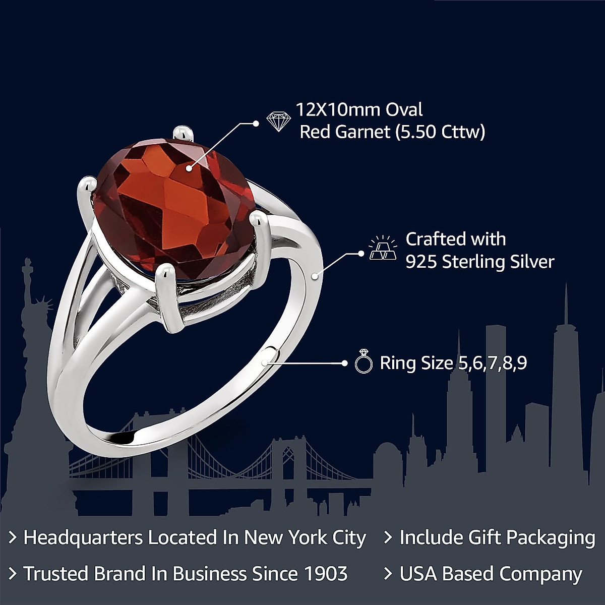 Gem Stone King 925 Sterling Silver Red Garnet Ring For Women (5.50 Cttw, Gemstone January Birthstone, Oval 12X10MM, Available In Size 5,6,7,8,9)