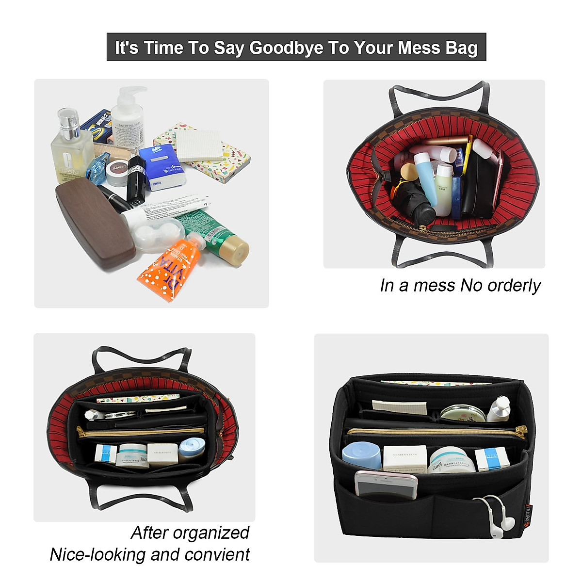 OMYSTYLE Black Organizer Insert, Felt Tote Bag Organizer Insert with 5 Sizes, Handbag Dividers for Inside Purse, Compatible with Longchamp, Neverful, Speedy and More