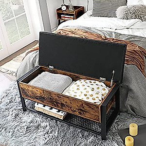 VASAGLE Industrial Storage Bench, Bed End Stool with Padded Seat and Metal Shelf, Sturdy Steel Frame, 39.4”L x 15.7”W x 18.5”H (100 x 40 x 47 cm), Rustic Brown + Black
