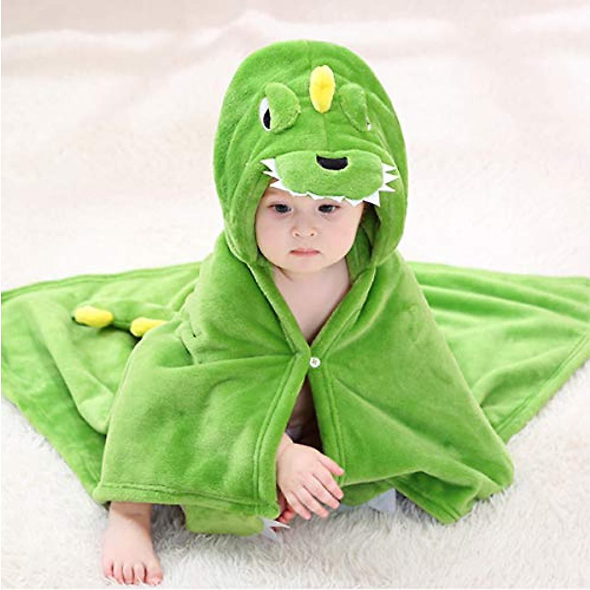 TONWHAR 0-4 Years Toddlers' And Kids' Boys Girls Animal Face Hooded Blanket Baby's Bathrobe,Plush After Bath Blanket (Green Dinosaur)