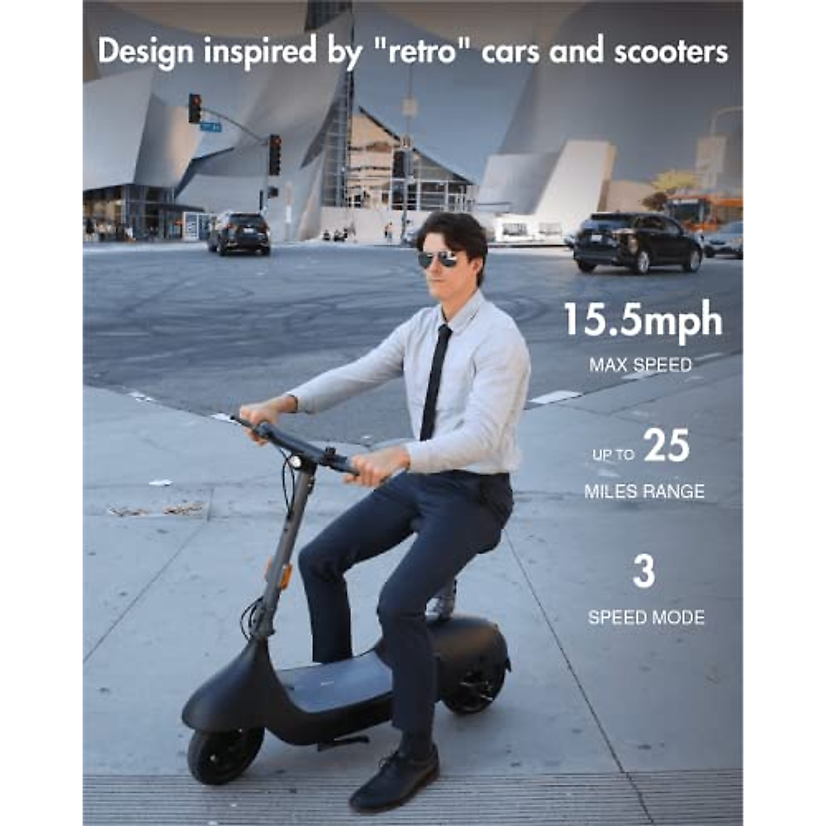 OKAI EA10 Electric Scooter with Seat, Up to 25 Miles Range & 15.5MPH, Moped Scooter Bike for Adults with 10 Inch Vacuum Tires(Black)