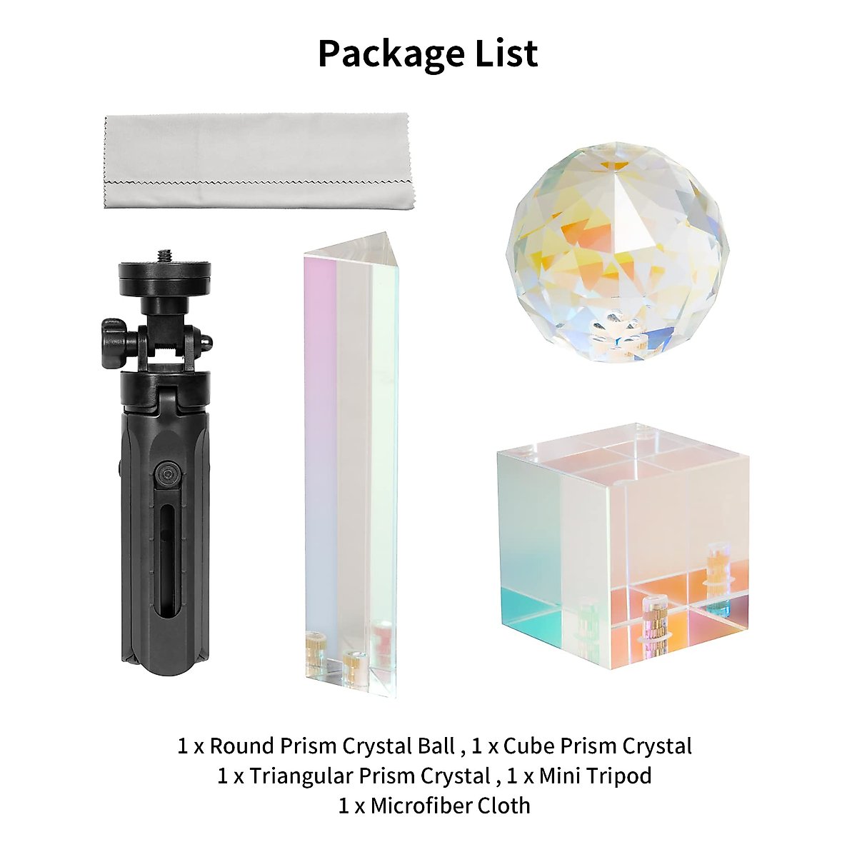 Meking 3Pcs Photography Crystal Prism with Mini Tripod, Camera Lens Optical Crystal Ball Glass, Cube and Pyramid Prism for Rainbow Effect Make Teaching Light Spectrum Physics