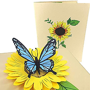 PopLife Blue Butterfly and Sunflower Pop Up Mother's Day Card - 3D Anniversary, Valentine's Day Card, Thank You, Happy Birthday - for Mom, for Wife, for Daughter, for Sister