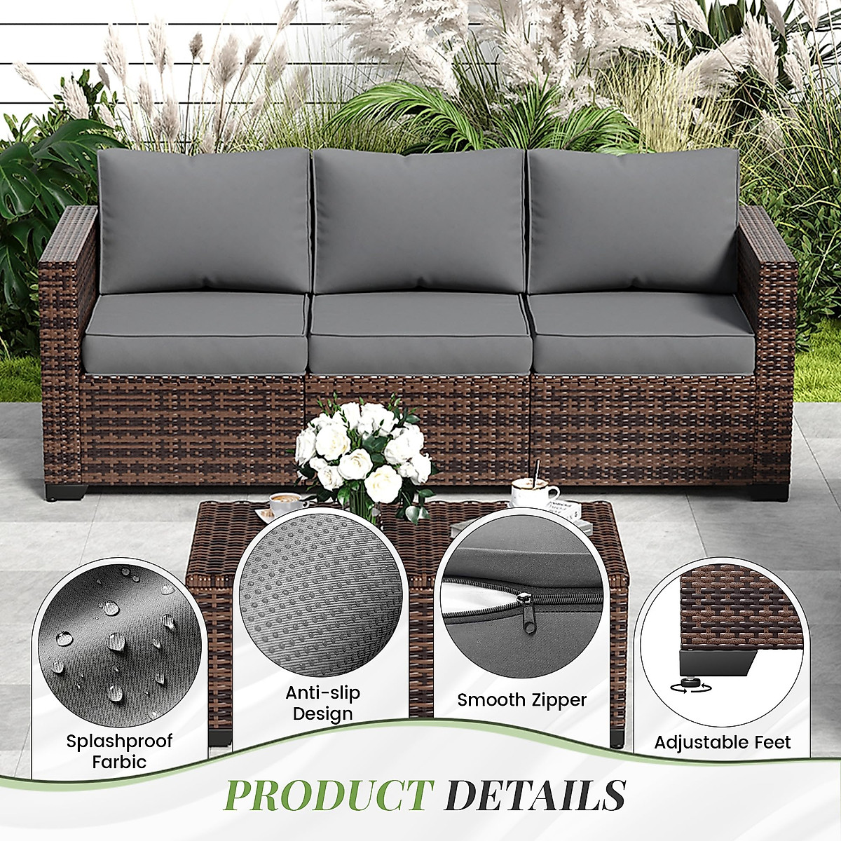 Amopatio Outdoor Patio Furniture Sets, 8 Pieces Outdoor Wicker Patio-Furniture, Outdoor Sectional Patio Set with Storage Table, Patio Conversation Set for Proch Garden Deck (Grey)