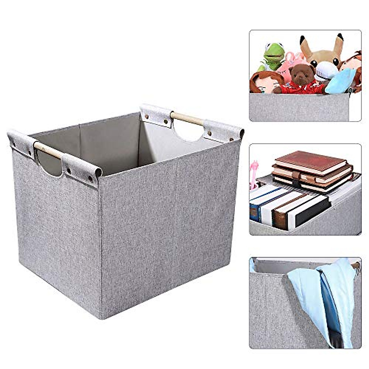 HOONEX Large Foldable Storage Bins, Linen Fabric, 2 Pack, with Wooden Carry Handles and Sturdy Heavy Cardboard, for Home, Office, Car, Nursery, Light Grey