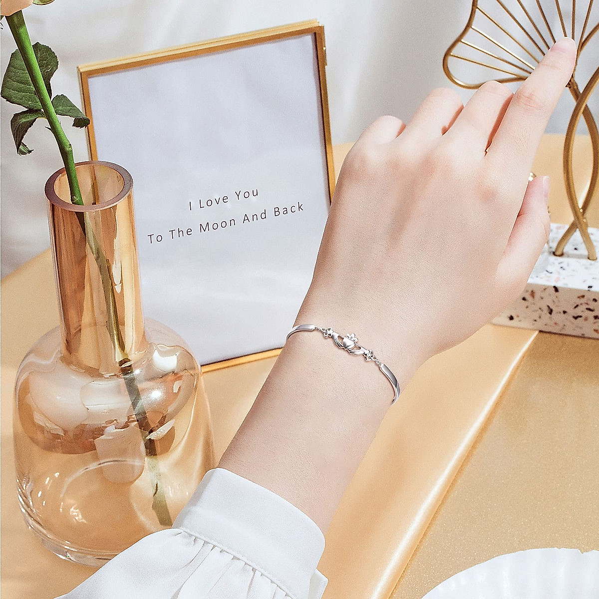 FLYOW 925 Sterling Silver Ireland Jewelry Adjustable Celtic Claddagh Bracelet Good Luck Irish Gifts for Women Birthday Valentine's Day Gifts