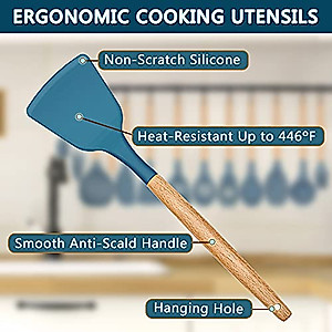 Leonyo 14 PCS Kitchen Cooking Utensils Set with Holder, Silicone Kitchen Gadgets Spatula Set for Nonstick Cookware, Cooking Tools with Tongs, Spoons, Spatulas, Turners, Ladles, Wooden Handle, Blue