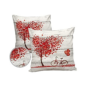 Outdoor Pillows 16x16 Waterproof Outdoor Pillow Covers,Valentine's Day Hearts Balloon Polyester Throw Pillow Covers Garden Cushion for Patio Couch Decoration Set of 2,Rustic Wood Bicycle Tree