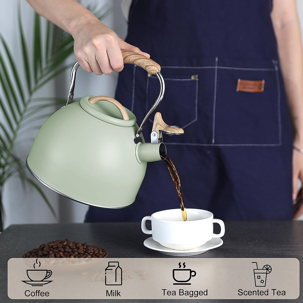 Tea Kettle, Vegoran 100 OZ / 3 Liter Whistling Tea Kettle, Tea Pots for Stove Top Food Grade Stainless Steel with Wood Pattern Folding Handle, Loud Whistle Kettle for Tea, Coffee, Milk (Green)