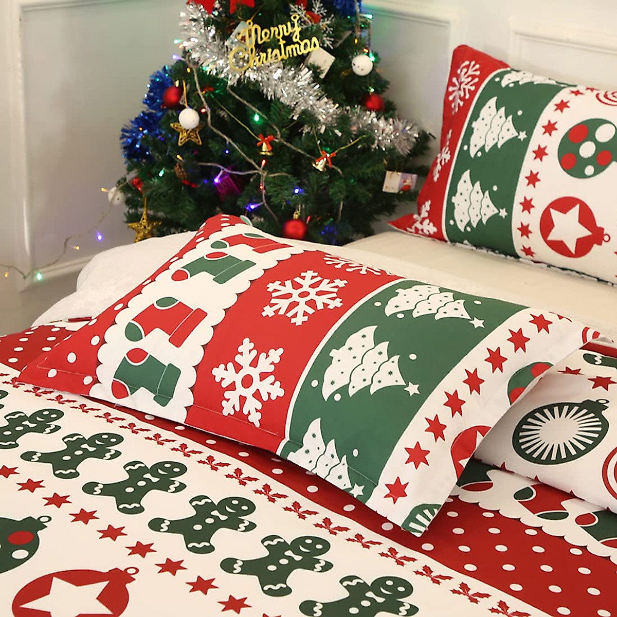 Mengersi Christmas Snowflakes Duvet Cover King Size,Xmas Trees Holiday Bedding Comforter Cover with Zipper Closure,Home Decoration for New Year (Green)