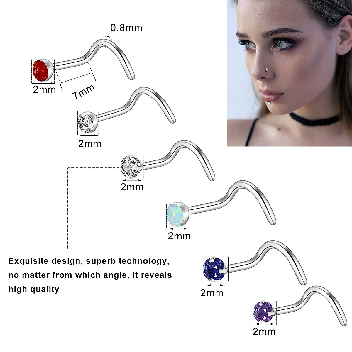 Hicdaw Nose Rings, 60 Pcs Nose Rings for Women 20G Nose Studs Hoop Jewelry Surgical Steel Nose Ring (Silver)