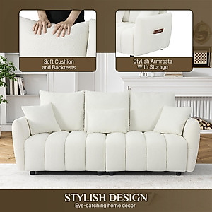 Wrofly Teddy Cloud Sofa Couch, Modern Deep Seat Boucle Sofa, Comfy Upholstered Sherpa 3 Seater Couch with 3 Pillows, Oversized Loveseat for Living Room Apartment Office, Beige White