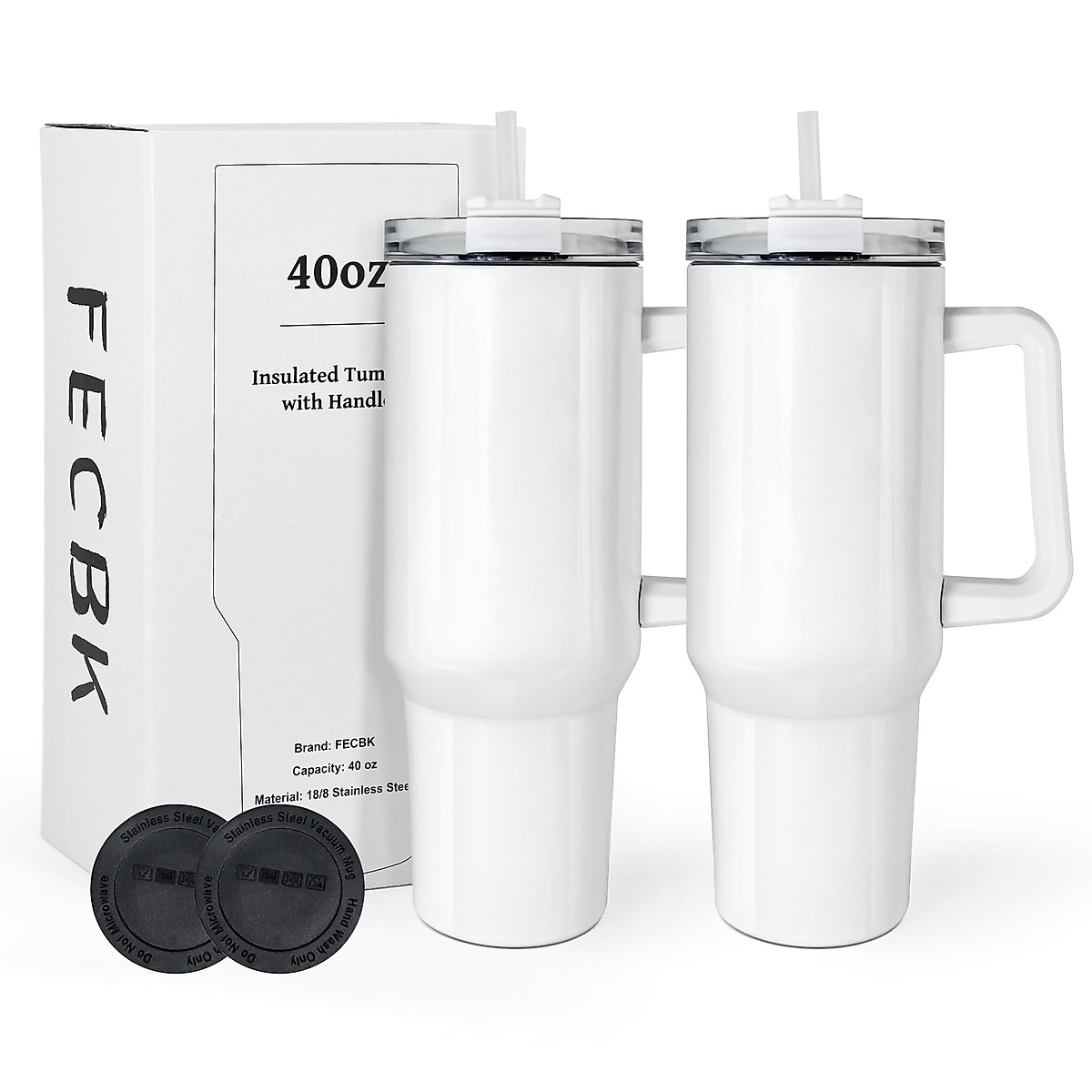 FECBK 40 oz Sublimation Tumbler with Handle and Straw Keeps Cold for 34 Hours 2 Pack Stainless Steel Double Wall Vacuum Insulated Travel Mug Cup Tumblers Bulk Sublimation Blank White