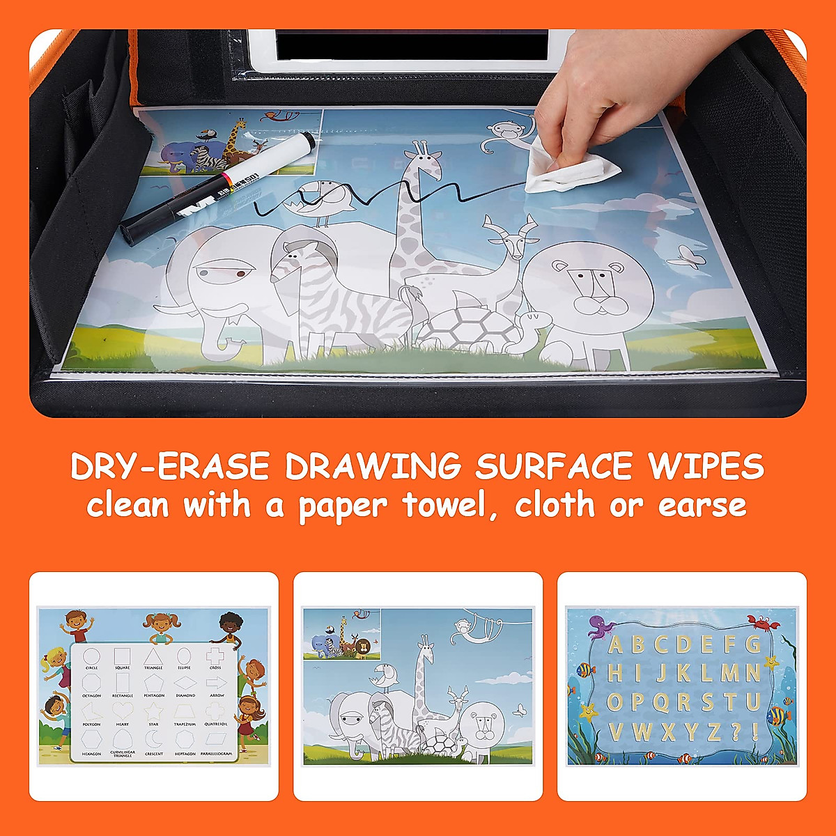 MENZOKE Kids Travel Tray, Car Seat Organizer Toddler with Dry Erase Board Car Lap Desk Table with iPad Holder, Storage Pocket, Kids Active Eating Tray for Road Trip, Airplane, Stroller, Black