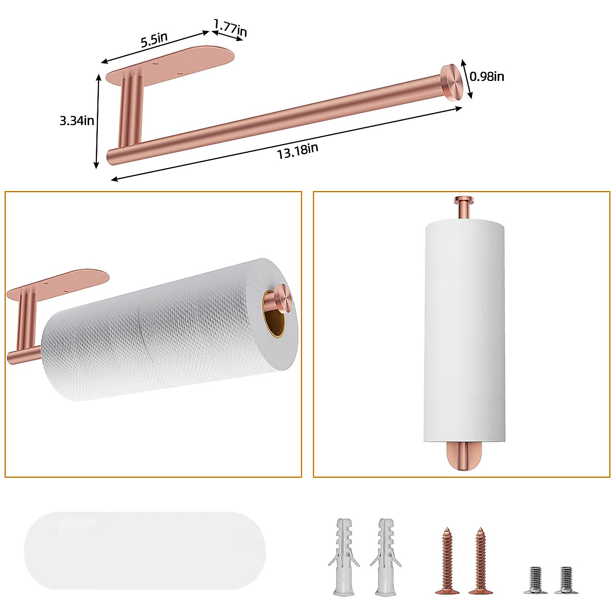 Paper Towel Holder Under Cabinet, New Upgrade Double Rod Bearing Self-Adhesive or Drilling Wall Mounted Paper Towels Rolls Holder for Kitchen,Rose Gold(2 Pieces
