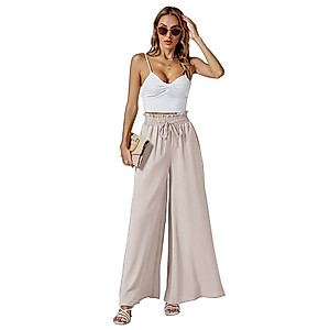 LYANER Women's Drawstring Elastic High Waisted Wide Leg Palazzo Pants Loose Casual Trousers Beige X-Large