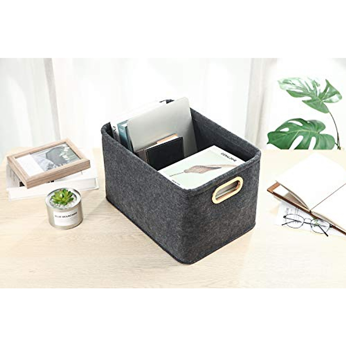 Collapsible Storage Bins Foldable Felt Fabric Storage Basket Organizer Boxes Containers with Handles Metal Handles for Nursery Toys,Kids Room,Clothes,Towels,Magazine (Dark grey）