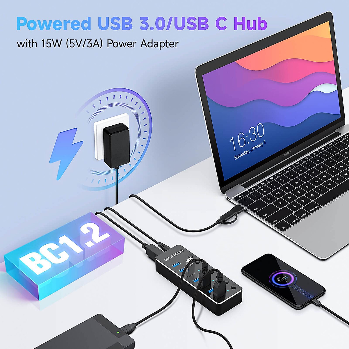 Powered UBS Hub, RSHTECH 7 Port USB 3.0/USB C Hub Upgraded Version Aluminum USB Hub with 2-in-1 USB Cable,5V 3A Power Adapter and Individual Switches, USB Port Expander Hub for Laptop and PC, RSH-ST07