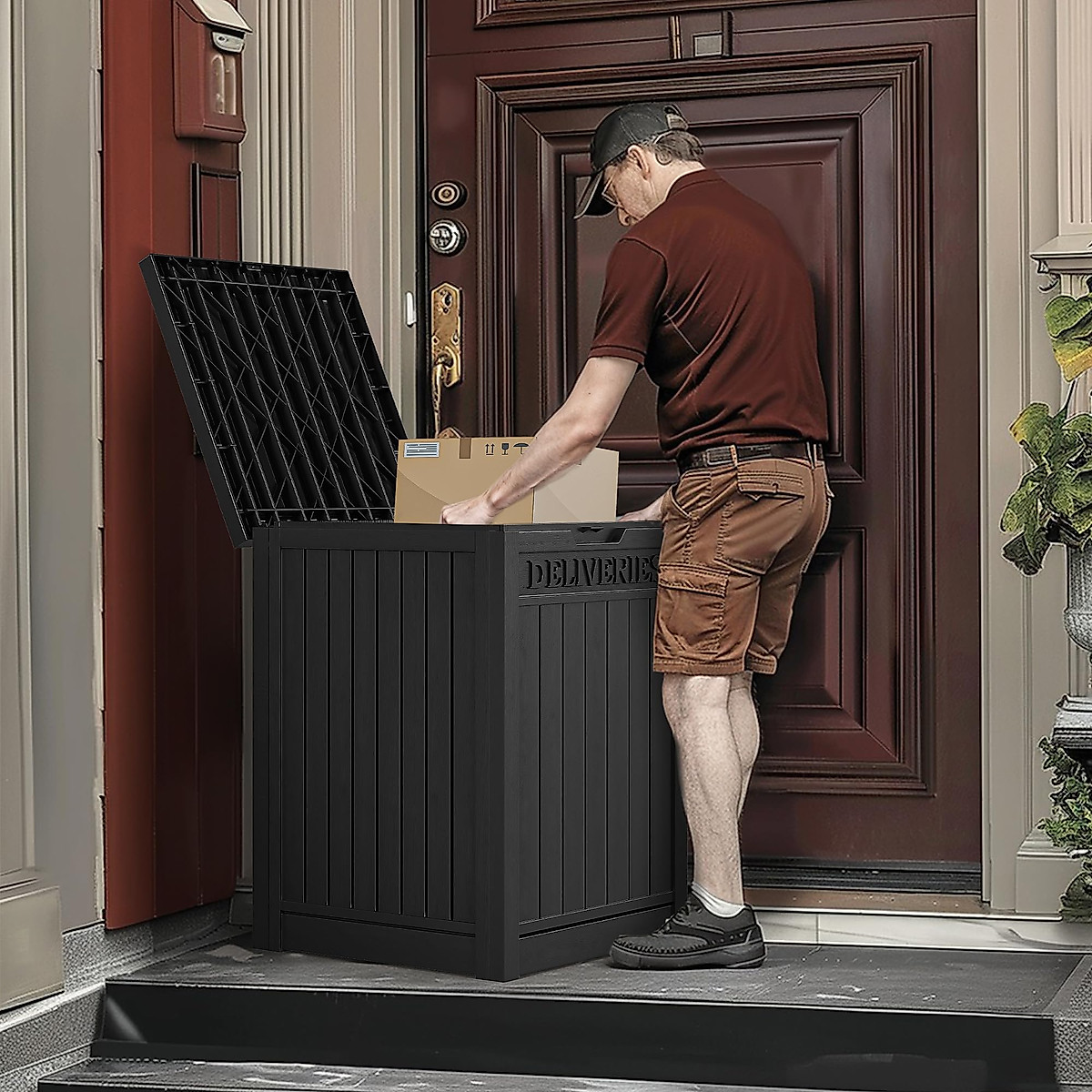 YITAHOME 51 Gallon Resin Package Delivery Box for Outside, Storage Box with Lockable Secure, Resin Deck Box for Porch, Curbside（Black）