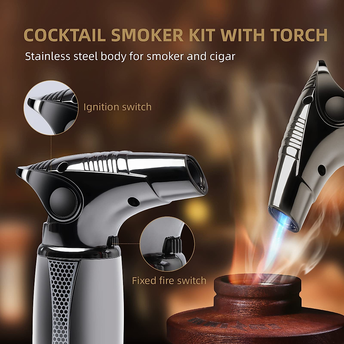 Cocktail Smoker Kit, Whiskey and Bourbon Drink Smoker Kit, Four Kinds of Wood Chips for Old Fashioned Smoker kit, Cocktail Smoker kit with Torch（Stainless Steel）. Gifts for Your Friends, Husband, Dad.
